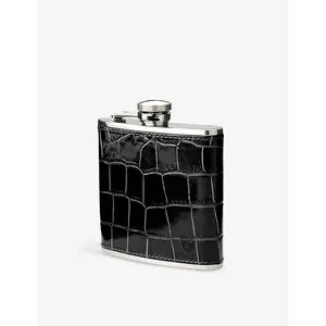 ASPINAL OF LONDON Classic Croc-embossed Leather And Stainless-steel Hip Flask - Black