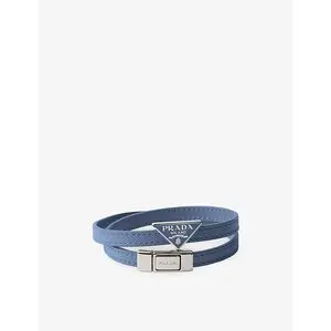 Prada Logo Plaque Saffiano Leather Bracelet Blue
