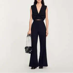 Sandro Satin-effect Crop Top With Bow - Black