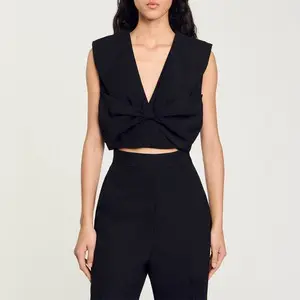 Sandro Satin-effect Crop Top With Bow - Black