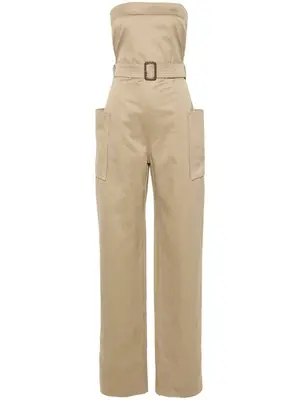 Saint Laurent Strapless Belted Cotton Jumpsuit - Neutrals
