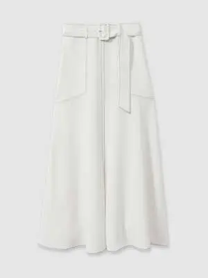 REISS Micha Contrast Stitch Belted Midi Skirt