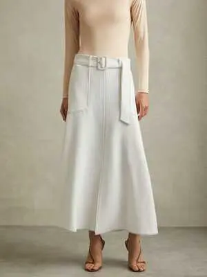 REISS Micha Contrast Stitch Belted Midi Skirt