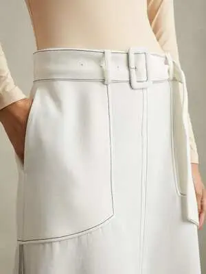 REISS Micha Contrast Stitch Belted Midi Skirt