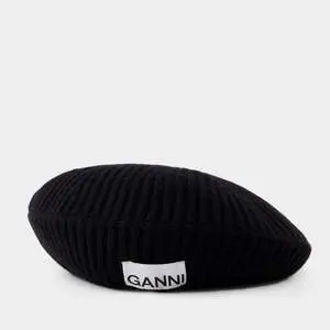 GANNI Ribbed Beret - Black