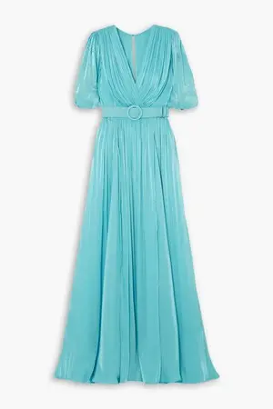 Costarellos Brennie Belted Metallic Plissé-lamé Gown