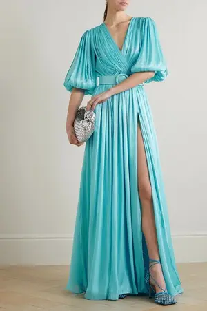 Costarellos Brennie Belted Metallic Plissé-lamé Gown