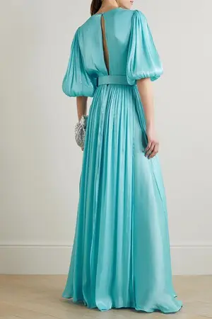 Costarellos Brennie Belted Metallic Plissé-lamé Gown