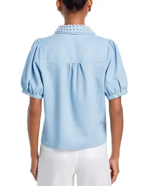 Aqua Faux Pearl Embellished Collar Top