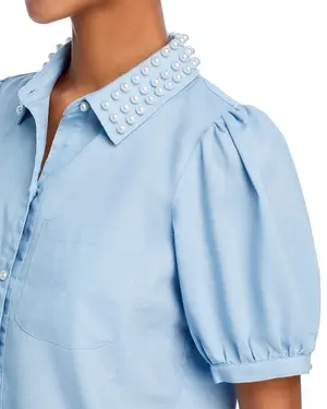Aqua Faux Pearl Embellished Collar Top