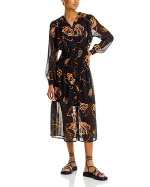 Misook Printed Chiffon Midi Dress - Black/ochre/multi