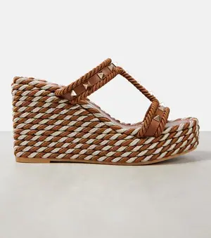 Valentino Garavani Rockstud Leather Wedge Espadrilles - Brown