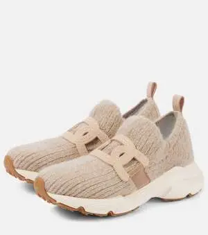 TOD'S Leather-trimmed Knit Sneakers - Beige