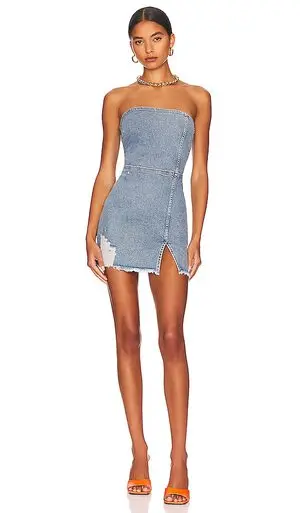 SEROYA Leighton Strapless Distressed Denim Mini Dress