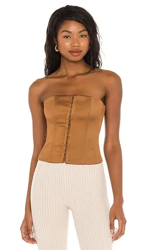 GUIZIO GUIZIO Satin Corset Top With Front Hook And Eye Closure And Back Lace-Up Detail Cognac