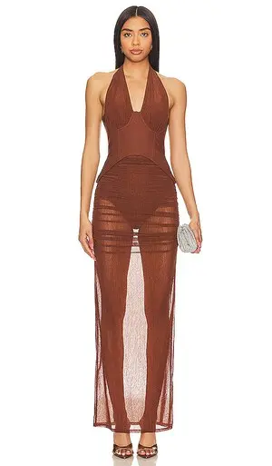 CAMILA COELHO Halterneck Ruched Mesh Midi Dress