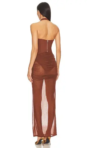 CAMILA COELHO Halterneck Ruched Mesh Midi Dress