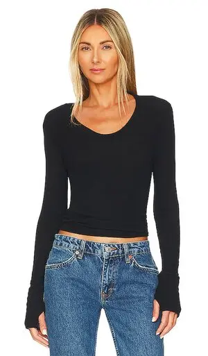 Enza Costa Cashmere Easy Cuffed U Top - Black