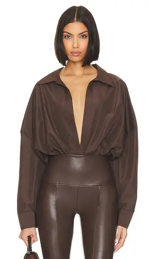 Norma Kamali Oversized Boyfriend Shirt Bodysuit - Chocolate