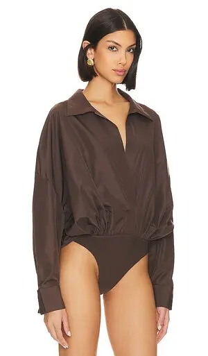 Norma Kamali Oversized Boyfriend Shirt Bodysuit - Chocolate