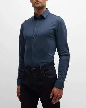 Giorgio Armani Men & Apos;s Solid Cotton Stretch Sport Shirt Solid Dark Blue