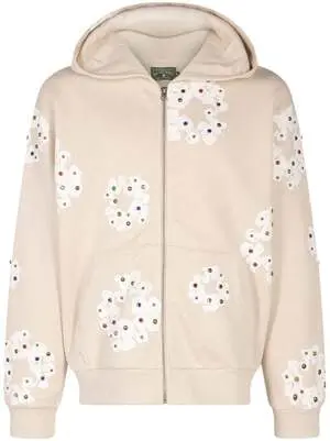 DENIM TEARS Rhinestone Cotton Wreath Zip Hoodie - Neutrals