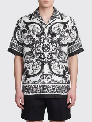 Dolce & Gabbana Silk Bowling Shirt With Short Sleeves And Majolica Print - Black