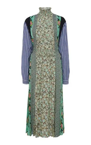 Prada Patchwork Smocked Crepe Midi Dress