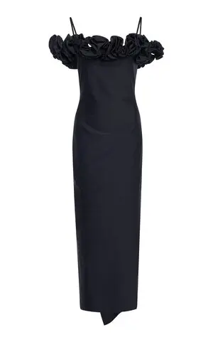 Coperni Rosette-detailed Off-the-shoulder Stretch-satin Maxi Dress