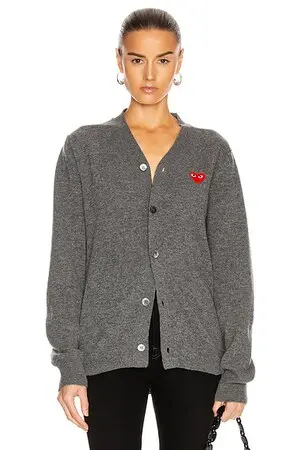 Play Comme Des Garcon Lambswool Cardigan With Red Emblem - Medium Grey