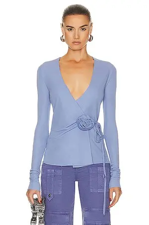 Blumarine Long Sleeve Wrap Top With Rosette Appliqu