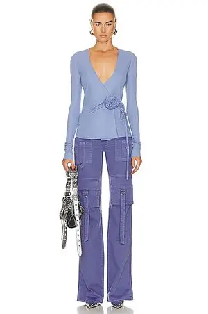 Blumarine Long Sleeve Wrap Top With Rosette Appliqu