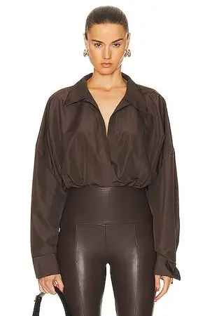 Norma Kamali Super Oversized Boyfriend Shirt Bodysuit - Chocolate