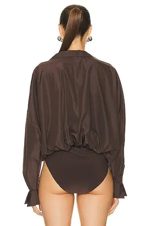 Norma Kamali Super Oversized Boyfriend Shirt Bodysuit - Chocolate