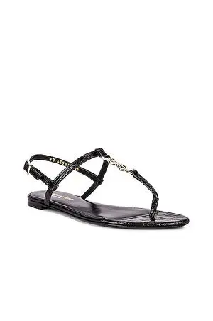Saint Laurent Cassandra Embossed Croc Flat Sandals - Noir