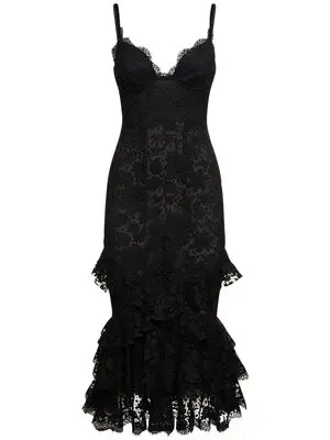 Roberto Cavalli Macramé Lace Ruffled Hem Midi Dress - Black