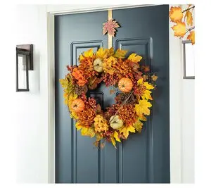GLITZHOME 24'd Fall Dahlia Pumpkin, Leaf And Be Rry Wreath - One-color