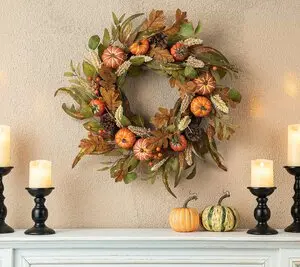 GLITZHOME 24'd Fall Pumpkin Leaf Floral Wreath - One-color