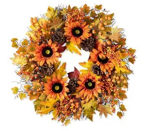 GLITZHOME 24'd Fall Sunflower, Maple Leaf And B Erry Wreath