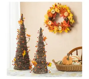 GLITZHOME 24'h S/2 Fall Berries And Maple Leave S Table Tree - One-color