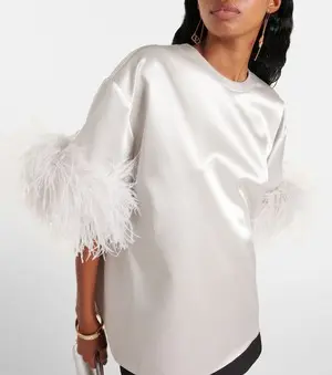 Valentino Garavani Feather-trimmed Silk Satin Top