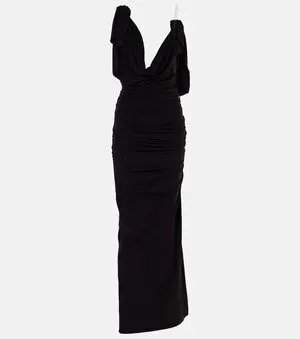 Attico Ruched Draped Jersey Gown - Black