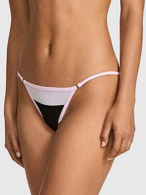Pink Cotton Lace-trim String Bikini Panty - Black