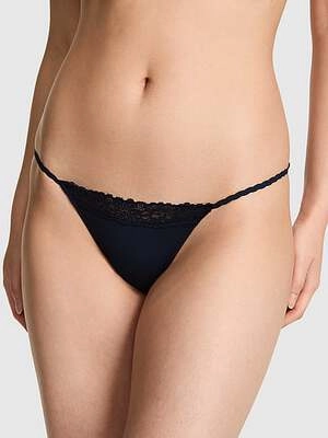 Pink Cotton Lace-trim String Bikini Panty - Blue