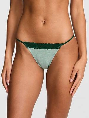 Pink Cotton Lace-trim String Bikini Panty - Green