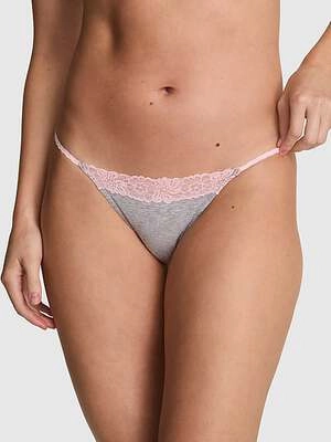Pink Cotton Lace-trim String Bikini Panty - Grey