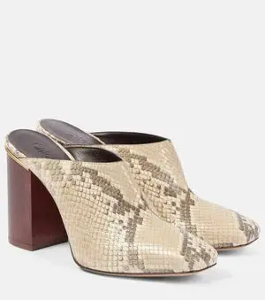 Chloé Ambre Snake-effect Leather Mules - Grey