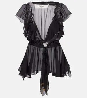 Chloé Gathered Silk Georgette Top - Black