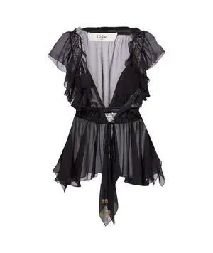 Chloé Gathered Silk Georgette Top - Black
