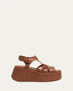 Chloé Nama Leather T-strap Platform Sandals - Ginger Brown
